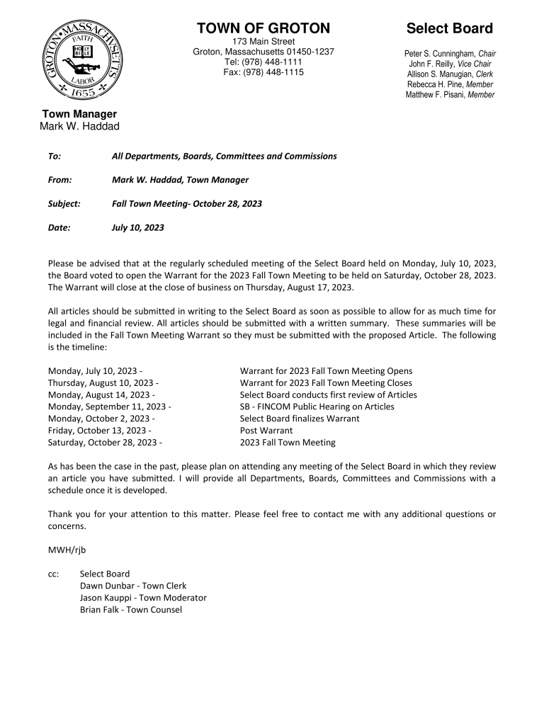 2023 Fall Town Meeting & Warrant Schedule - Town of Groton