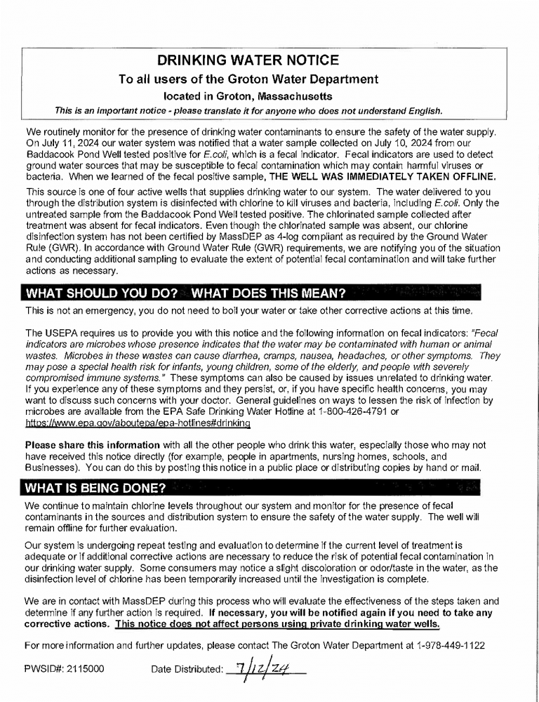 Drinking Water NOTICE - Town of Groton