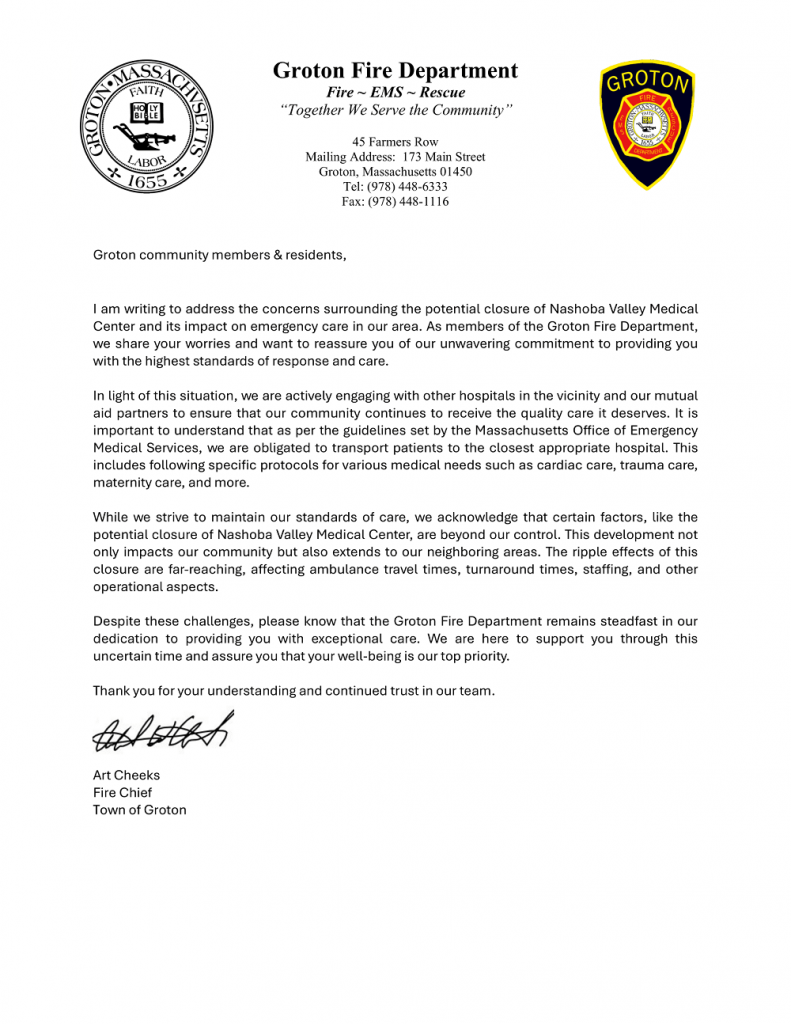 Groton Fire Department - Community Letter - RE: Nashoba Valley Medical ...