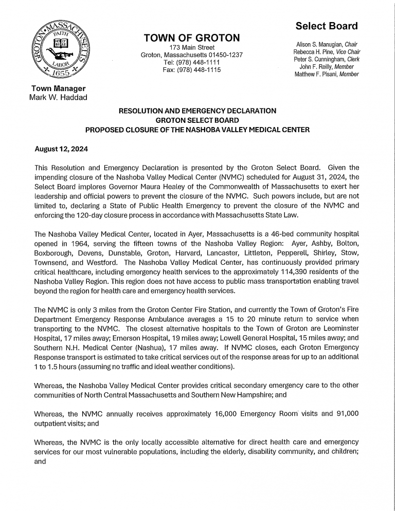 Resolution and Emergency Declaration - Proposed Closure of the Nashoba ...