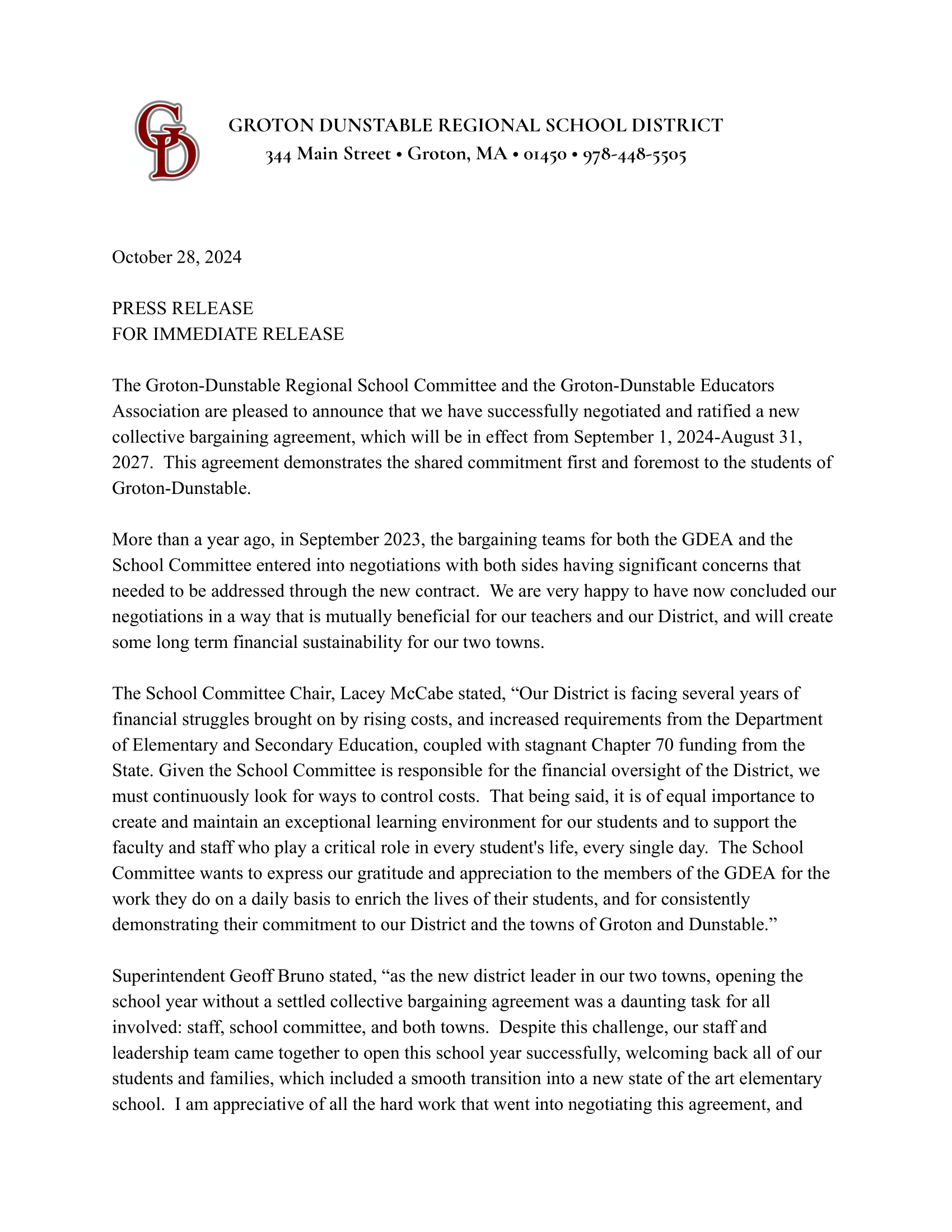 PRESS RELEASE - GDEA Contract Negotiations Conclusion - Town of Groton